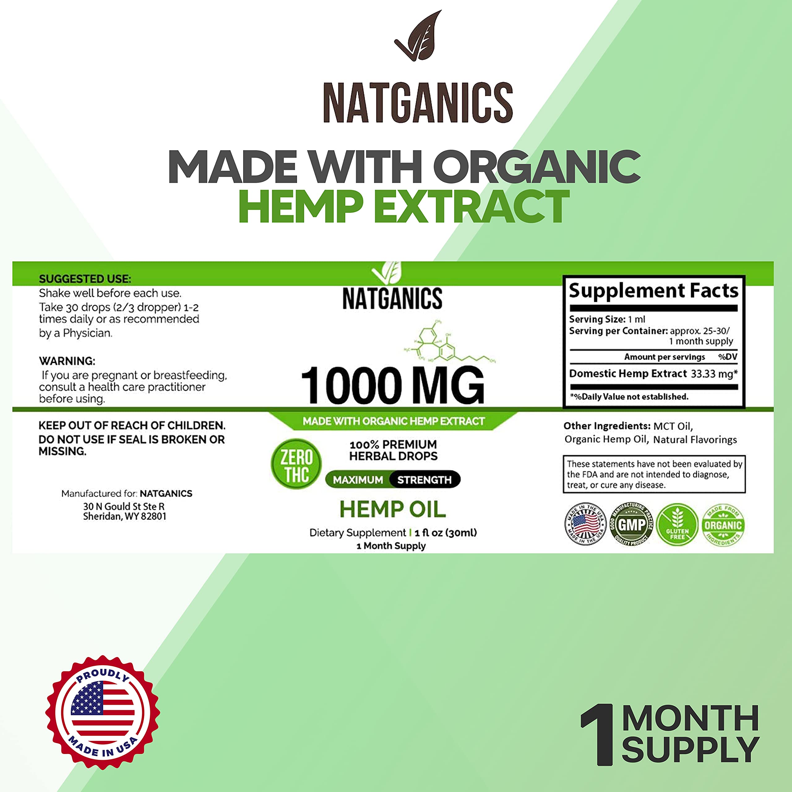 Organic Hemp Oil 1000mg - Ultra Premium Hemp Oil Drops 1000mg - Natural Hemp Oil Extract Tincture - Non-GMO Ultra-Pure CO2 Extracted Drops - Omega Fatty Acids 3 6 9 - Organically Grown & Made in USA