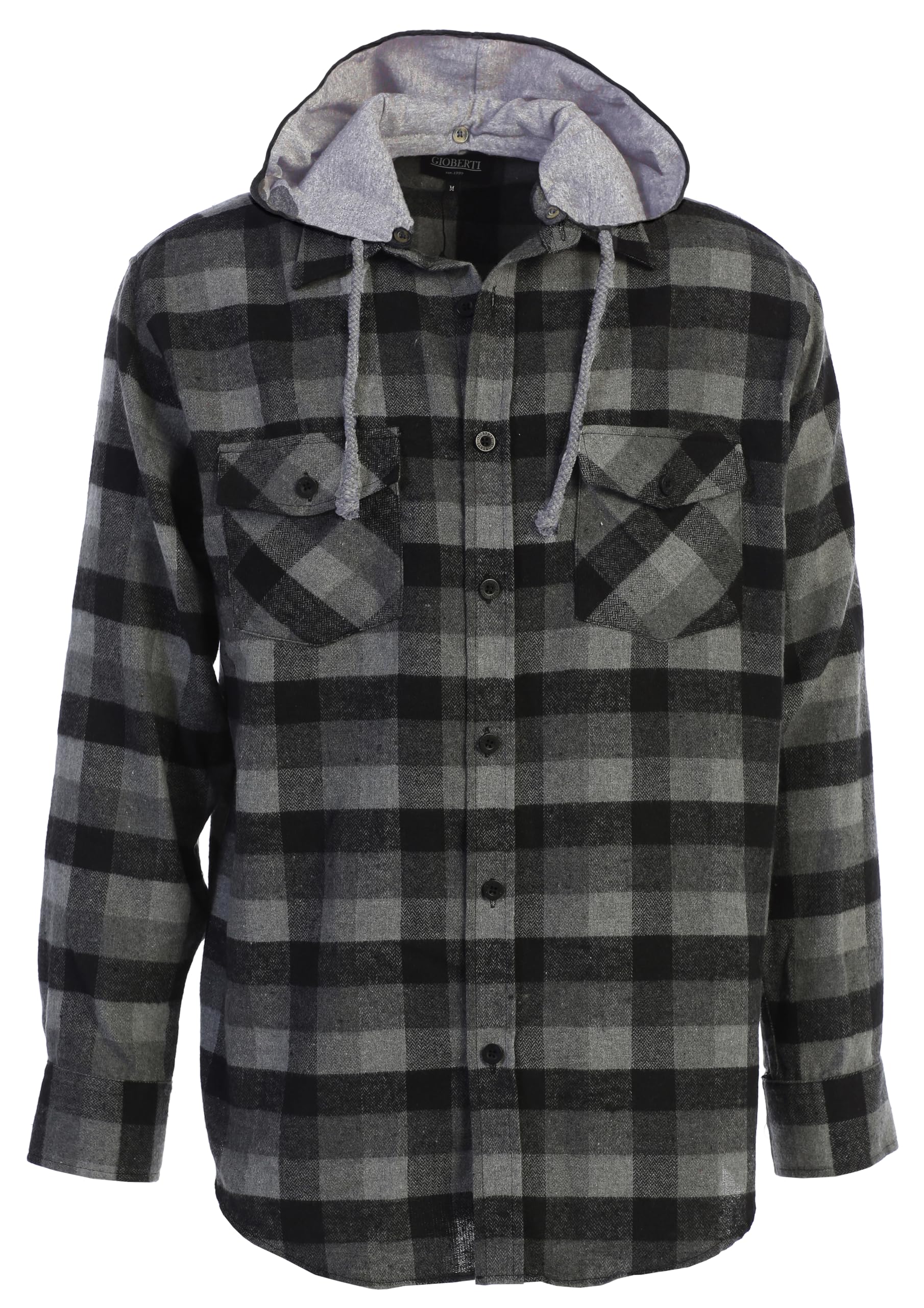 Gioberti Men's Removable Hoodie Plaid Checkered Flannel Shirt, Black/Charcoal/Gray, XX-Large