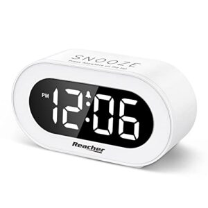 reacher small led digital alarm clock with snooze, simple to operate, full range brightness dimmer, adjustable alarm volume, outlet powered compact clock for bedrooms, bedside, desk, shelf(white)