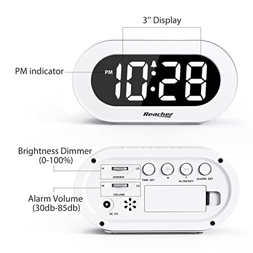 REACHER Small LED Digital Alarm Clock with Snooze, Simple to Operate, Full Range Brightness Dimmer, Adjustable Alarm Volume, Outlet Powered Compact Clock for Bedrooms, Bedside, Desk, Shelf(White)