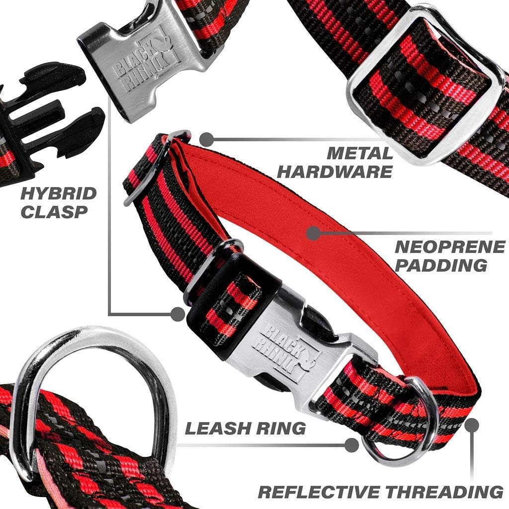 Black Rhino - The Hybrid Striped Dog Collar (Medium) for Medium Large Breeds | Heavy Duty | Soft Padded Neoprene - Reflective & Adjustable - Matching Leashes Sold Separately