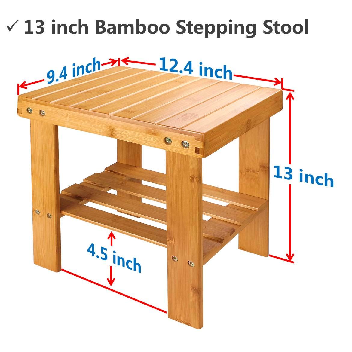 ASelected Bamboo Shower Stool Small 13 Inch Wood Shower Bench Waterproof Wooden Foot Stool with Storage Shelf for Small Spaces Bathroom Bedside Inside Shower Entryway Shoe Spa Bench