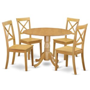 east west furniture dlbo5-oak-w 5 piece dining set includes a round dining room table with dropleaf and 4 kitchen chairs, 42x42 inch, oak