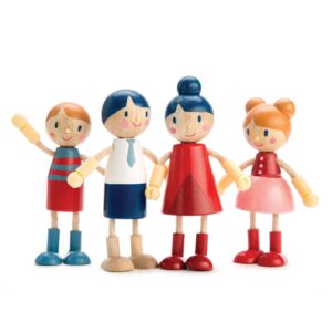 tender leaf toys - doll family - cute wooden flexible doll family for kid's dollhouse, four pcs of multicultural mom, dad, boy and girl - age 3+