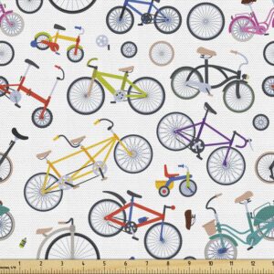 ambesonne bicycle fabric by the yard, retro colorful bikes funny wheels pattern water resistant, decorative fabric for outdoor and indoor diy projects hobby sewing arts & crafts, 3 yards, teal white