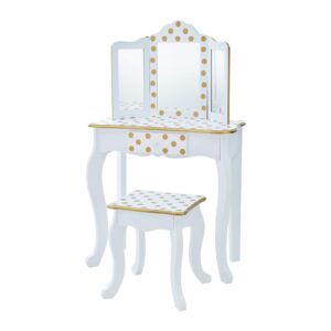 teamson kids princess gisele polka dot print 2-piece kids wooden play vanity set with vanity table, tri-fold mirror, storage drawer, and matching stool, white with gold polka dot accent