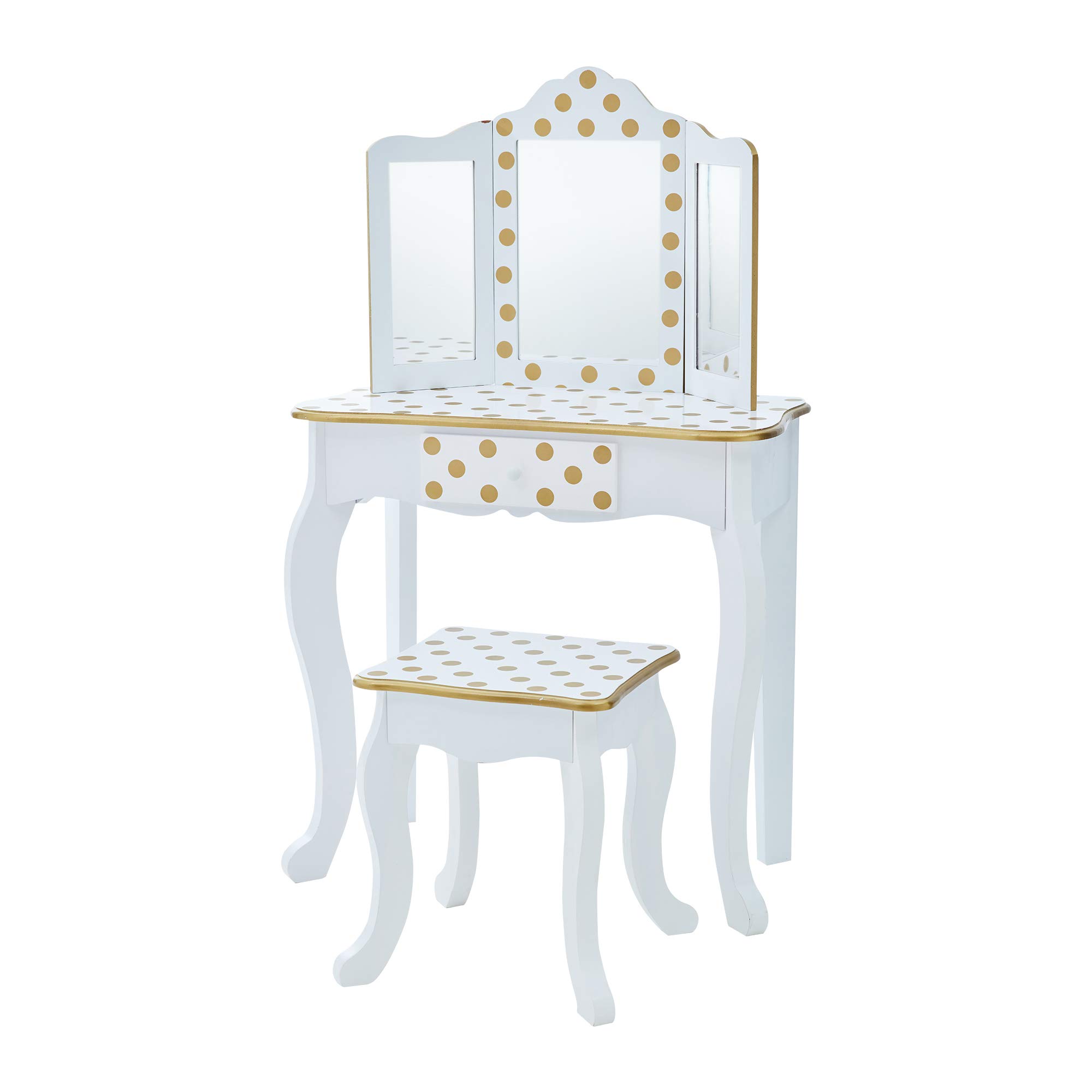 Teamson Kids Princess Gisele Polka Dot Print 2-Piece Kids Wooden Play Vanity Set with Vanity Table, Tri-Fold Mirror, Storage Drawer, and Matching Stool, White with Gold Polka Dot Accent