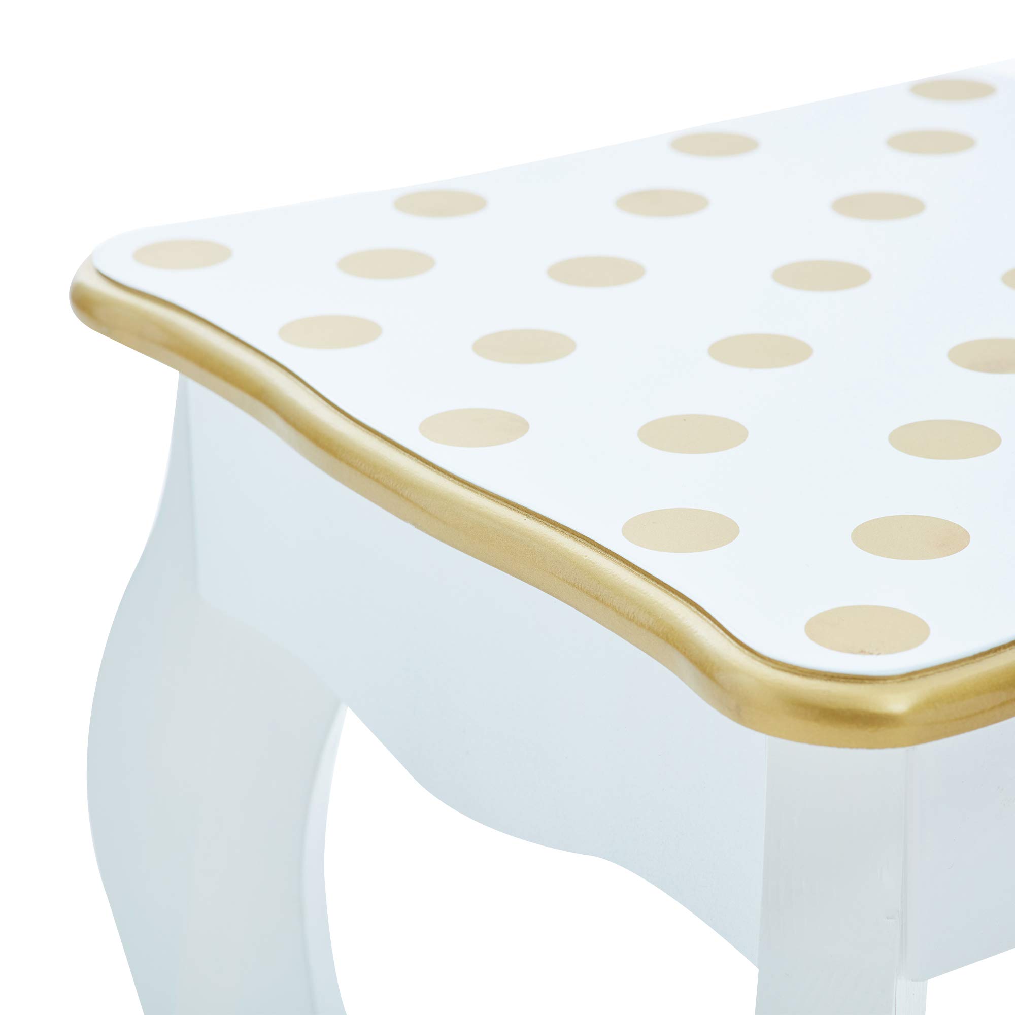 Teamson Kids Princess Gisele Polka Dot Print 2-Piece Kids Wooden Play Vanity Set with Vanity Table, Tri-Fold Mirror, Storage Drawer, and Matching Stool, White with Gold Polka Dot Accent