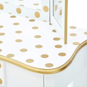 Teamson Kids Princess Gisele Polka Dot Print 2-Piece Kids Wooden Play Vanity Set with Vanity Table, Tri-Fold Mirror, Storage Drawer, and Matching Stool, White with Gold Polka Dot Accent