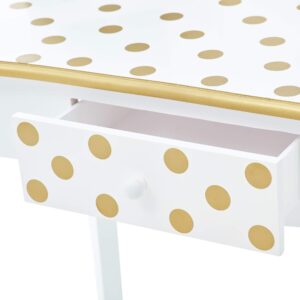 Teamson Kids Princess Gisele Polka Dot Print 2-Piece Kids Wooden Play Vanity Set with Vanity Table, Tri-Fold Mirror, Storage Drawer, and Matching Stool, White with Gold Polka Dot Accent