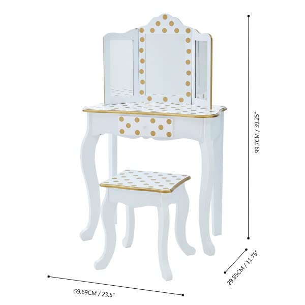 Teamson Kids Princess Gisele Polka Dot Print 2-Piece Kids Wooden Play Vanity Set with Vanity Table, Tri-Fold Mirror, Storage Drawer, and Matching Stool, White with Gold Polka Dot Accent