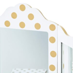 Teamson Kids Princess Gisele Polka Dot Print 2-Piece Kids Wooden Play Vanity Set with Vanity Table, Tri-Fold Mirror, Storage Drawer, and Matching Stool, White with Gold Polka Dot Accent