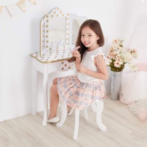 Teamson Kids Princess Gisele Polka Dot Print 2-Piece Kids Wooden Play Vanity Set with Vanity Table, Tri-Fold Mirror, Storage Drawer, and Matching Stool, White with Gold Polka Dot Accent