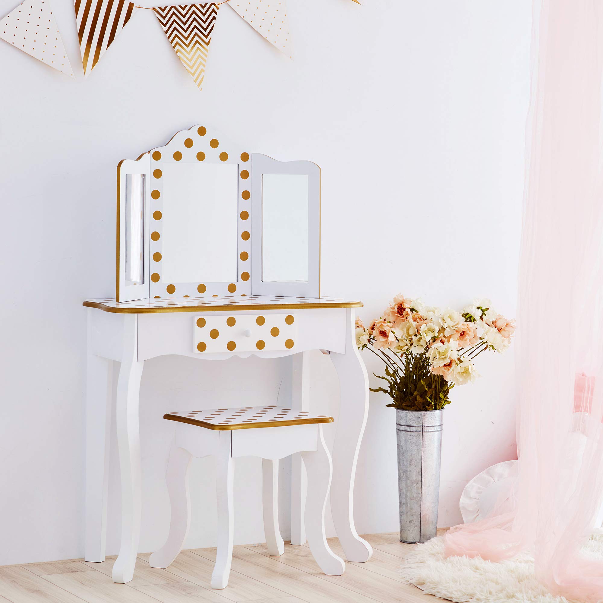 Teamson Kids Princess Gisele Polka Dot Print 2-Piece Kids Wooden Play Vanity Set with Vanity Table, Tri-Fold Mirror, Storage Drawer, and Matching Stool, White with Gold Polka Dot Accent