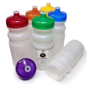 rolling sands 20 ounce sports water bottles 6 pack, bpa-free, made in usa, dishwasher safe, clear frost bottles/rainbow lids