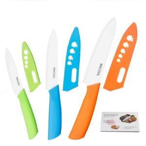 wacool ceramic knife set 3-piece (6-inch chef's knife, 5-inch utility knife,4-inch fruit paring knife), with 3 knife sheaths for each blade (colorful handle)