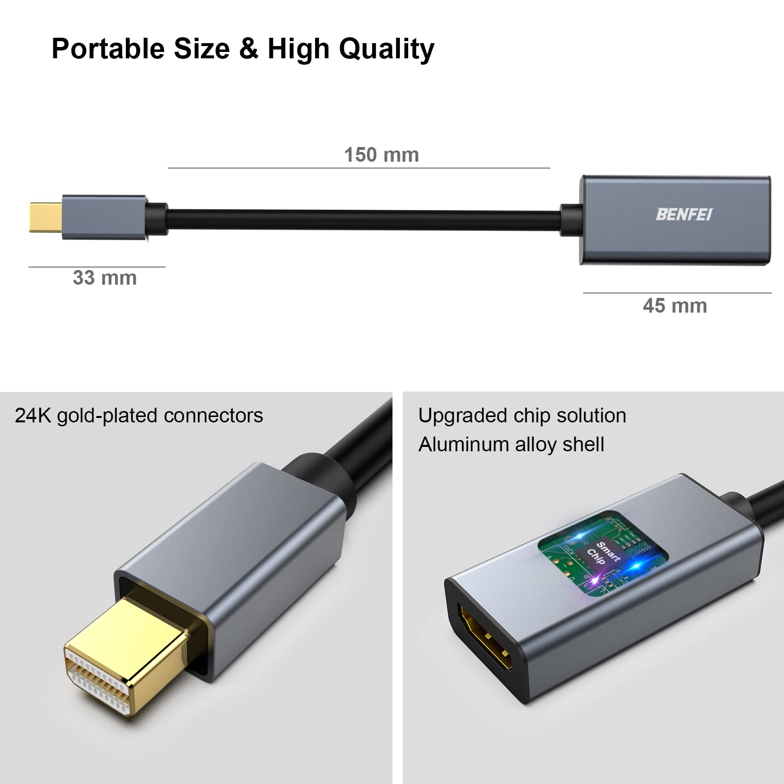 BENFEI Mini DisplayPort to HDMI Adapter, Thunderbolt 2 to HDMI Adapter Compatible for MacBook Air/Pro, Microsoft Surface Pro/Dock, Monitor, Projector[Gold-Plated Connectors& Aluminium Shell]