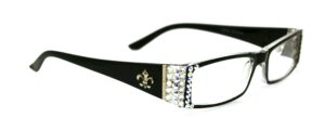 the french, (bling) fleur de lis women reading glasses adorned with (clear + aurora borealis) austrian crystals, magnifying (black) rectangular. ny fifth avenue. (+2.50)