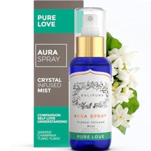 balipura pure love aura spray - organic jasmine & ylang ylang essential oils - attraction mist with quartz crystals - aromatherapy room spray for abundance, cleanse, and self-love