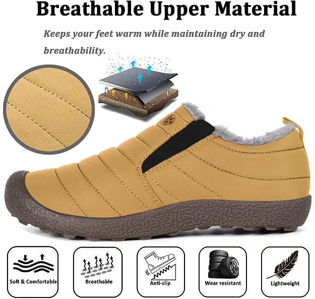 Eagsouni Womens Mens Snow Boots Winter Shoes Slip On Ankle Booties Anti-Slip Water Resistant Fully Fur Lined Outdoor Sneakers Yellow 8 Women/7 Men