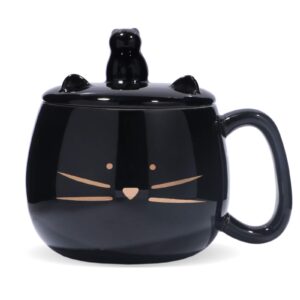 koolkatkoo cute cat coffee mug with cell phone holder lid for cat lover unique ceramic tea mugs with gold cat porcelain cup gift for women black