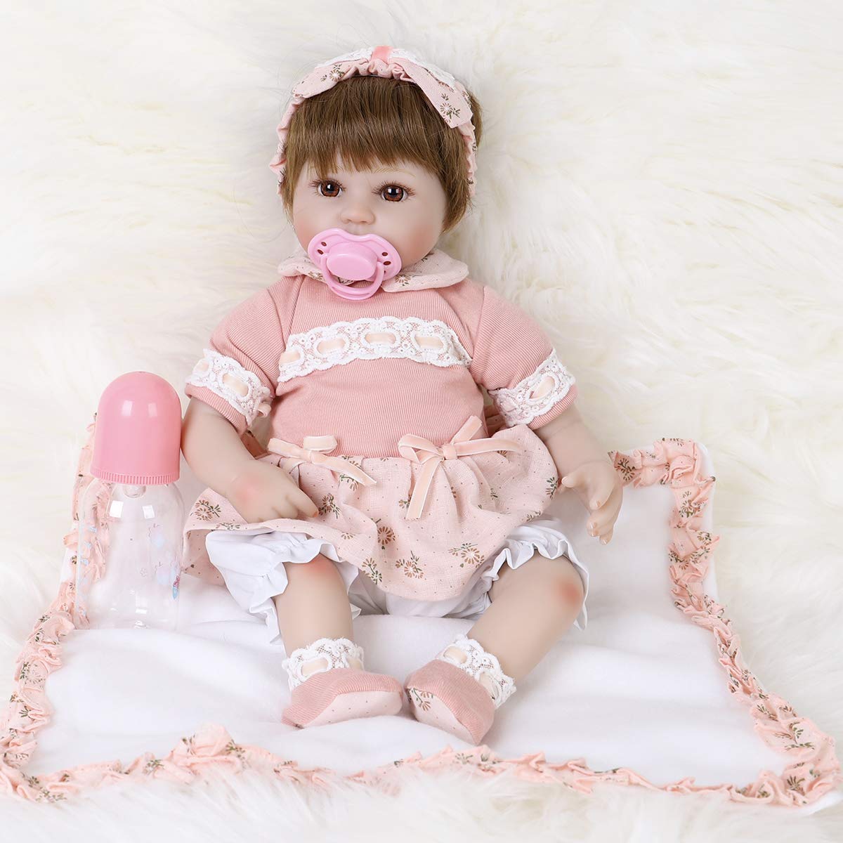 ENADOLL Reborn Baby Doll Realistic Silicone Vinyl Cute Headband Baby 16 inch Weighted Soft Body Lifelike Doll Gift Set for Ages 3+(Cute Headband)