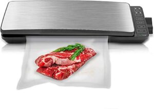 automatic food vacuum sealer system - 110w sealed meat packing sealing preservation sous vide machine w/ 2 seal modes, saver vac roll bags, vacuum air hose - nutrichef pkvs35sts (stainless steel)