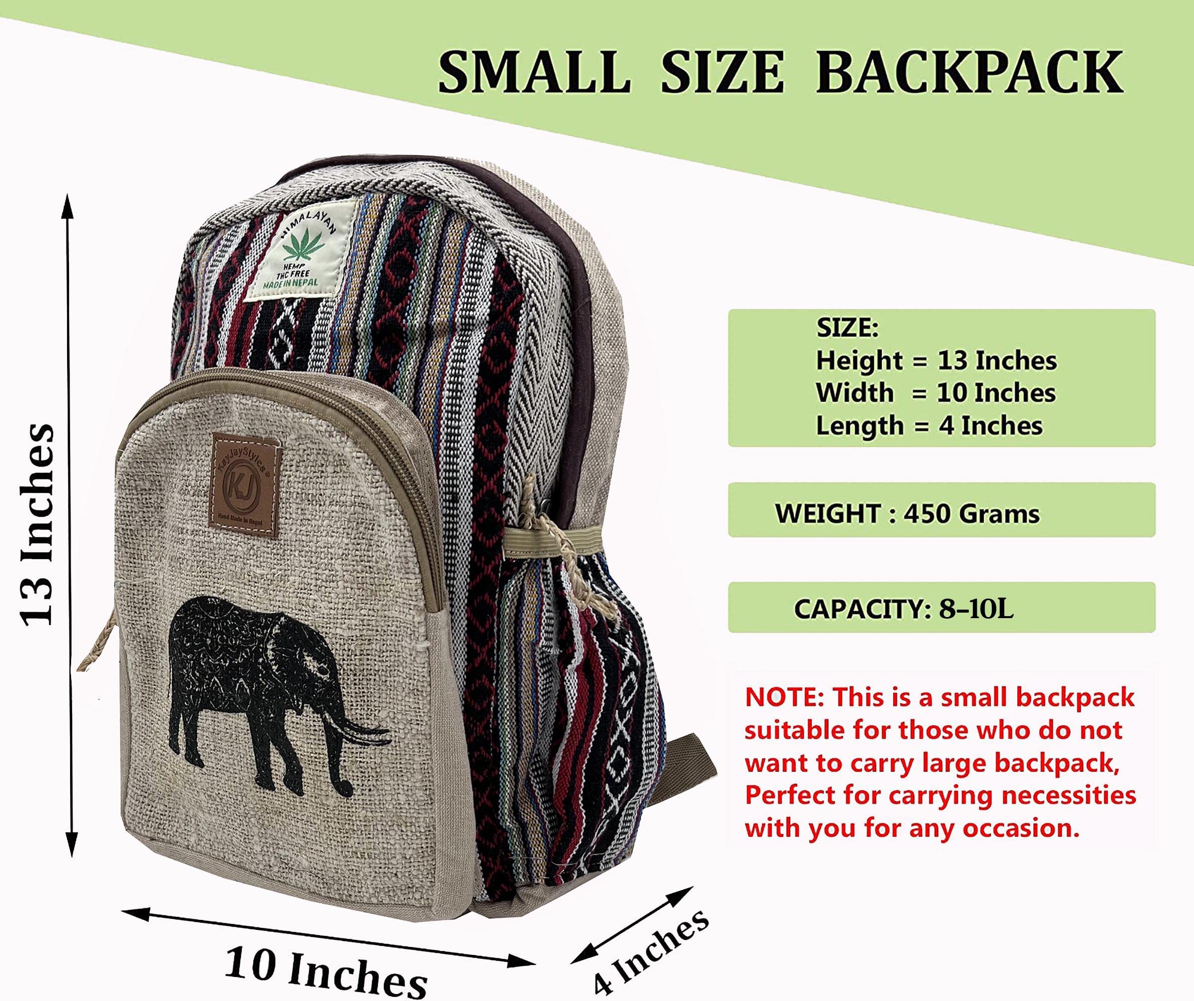 KayJayStyles Handmade Natural Hemp Nepal Backpack Purse Small Lightweight Daypack (Elephant)