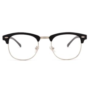 COASION Vintage Semi-Rimless Clear Glasses Fake Nerd Horn Rimmed Eyeglasses Frame (Matte Black/Silver Rimmed)