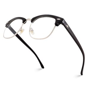 COASION Vintage Semi-Rimless Clear Glasses Fake Nerd Horn Rimmed Eyeglasses Frame (Matte Black/Silver Rimmed)