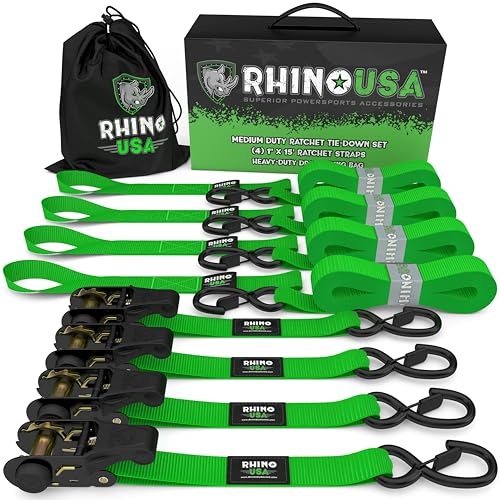 Rhino USA Ratchet Tie Down Straps (4PK) - includes (4) Premium 1" x 15' Rachet Tie Downs with Padded Handles. Best for Moving, Securing Cargo, Kayaks, Mountain & E-Bike Tie Downs (Black 4-Pack)