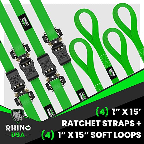 Rhino USA Ratchet Tie Down Straps (4PK) - includes (4) Premium 1" x 15' Rachet Tie Downs with Padded Handles. Best for Moving, Securing Cargo, Kayaks, Mountain & E-Bike Tie Downs (Black 4-Pack)