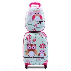 honey joy kids luggage, 12” travel backpack & 16” hard shell toddler suitcase, children rolling luggage with wheels, retractable handle & 4 casters, 2pcs carry on luggage set for boys girls (owl)