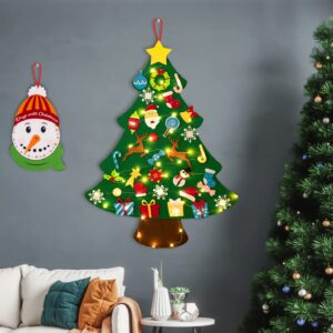 3ft DIY Lighted Felt Christmas Tree Set Plus Snowman Advent Calendar - Xmas Decorations Wall Hanging 33 Ornaments Kids Gift with String Light (Batteries Not Included)