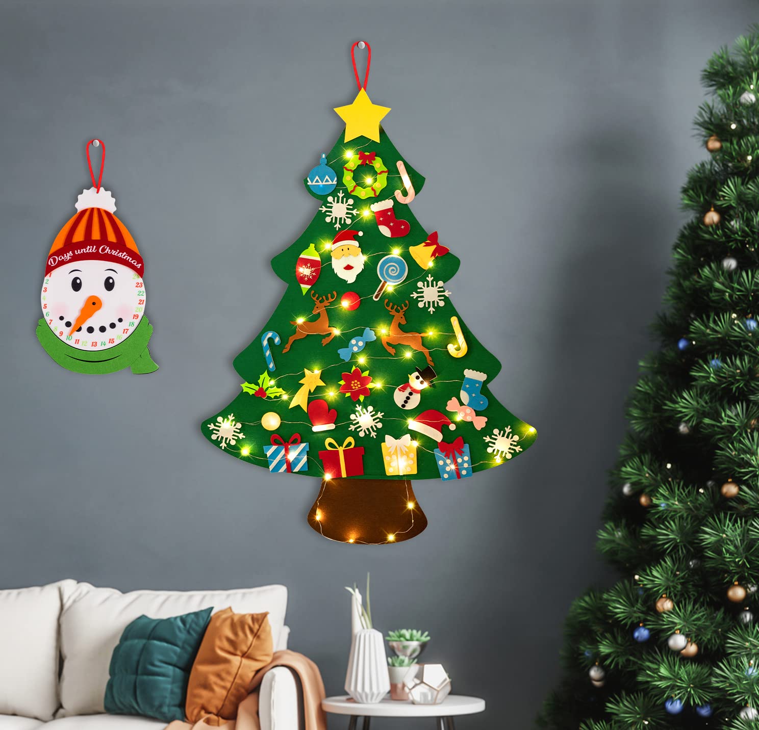 3ft DIY Lighted Felt Christmas Tree Set Plus Snowman Advent Calendar - Xmas Decorations Wall Hanging 33 Ornaments Kids Gift with String Light (Batteries Not Included)