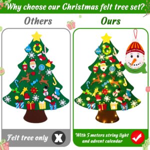 3ft DIY Lighted Felt Christmas Tree Set Plus Snowman Advent Calendar - Xmas Decorations Wall Hanging 33 Ornaments Kids Gift with String Light (Batteries Not Included)