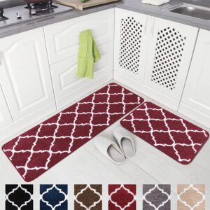 carvapet 2 pieces microfiber moroccan trellis non-slip soft kitchen mat bath rug doormat runner carpet set, 17"x48"+17"x24", red