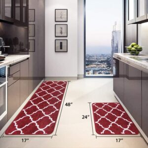 Carvapet 2 Pieces Microfiber Moroccan Trellis Non-Slip Soft Kitchen Mat Bath Rug Doormat Runner Carpet Set, 17"x48"+17"x24", Red