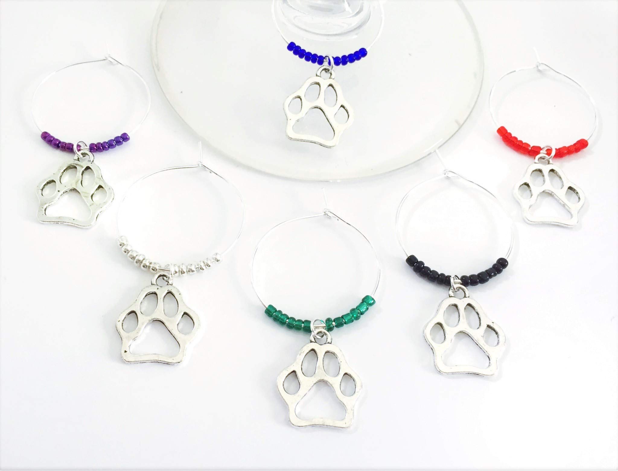 Paw Print Wine Charms, Cat Paw, Dog Paw, Gift for Animal Lover, Set of 6. SOLID MULTI COLOR BEADS.