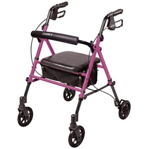 carex step 'n rest aluminum rolling walker for seniors, pink - rollator walker with seat - with back support, 6 inch wheels, 250lbs support, lightweight