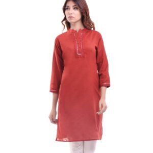 Indian Women's Plain Cotton Kurti Red Top By Chichi, XX-Large