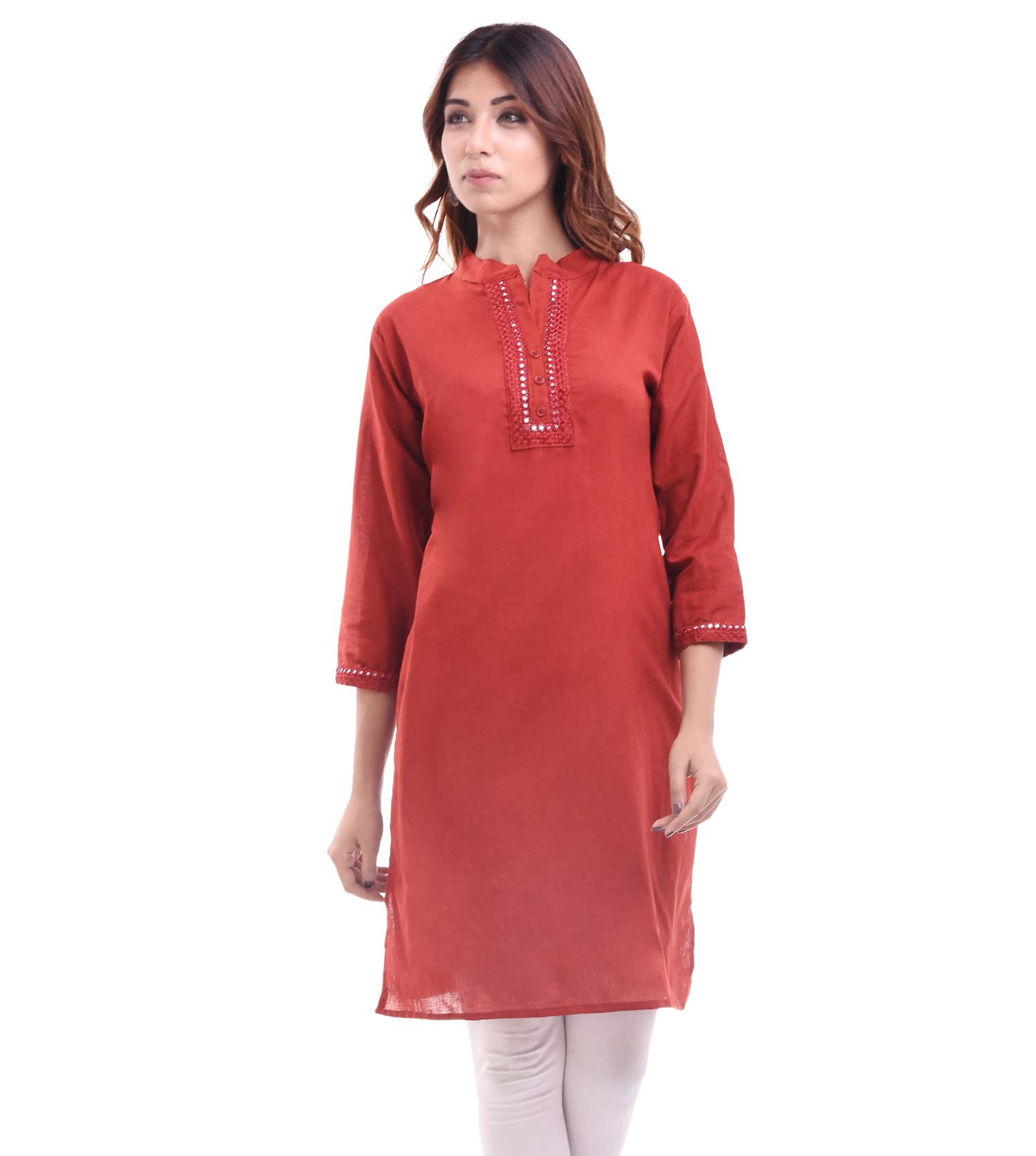 Indian Women's Plain Cotton Kurti Red Top By Chichi, XX-Large