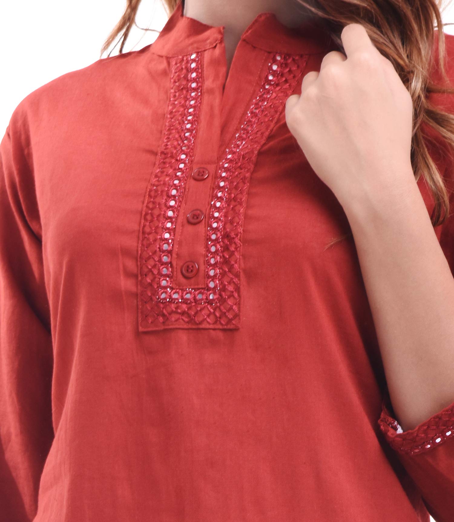 Indian Women's Plain Cotton Kurti Red Top By Chichi, XX-Large