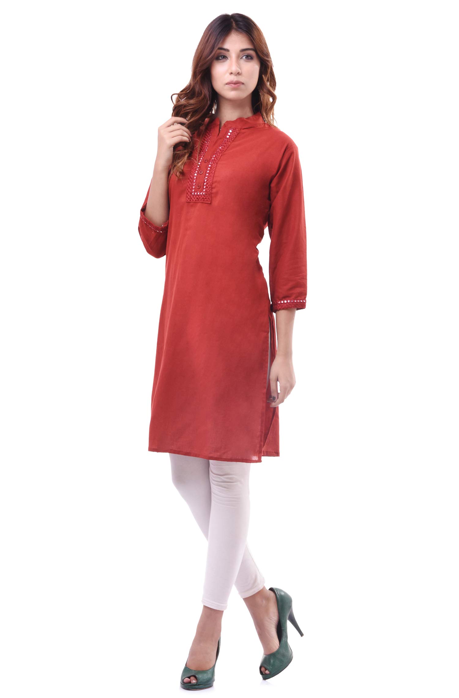 Indian Women's Plain Cotton Kurti Red Top By Chichi, XX-Large