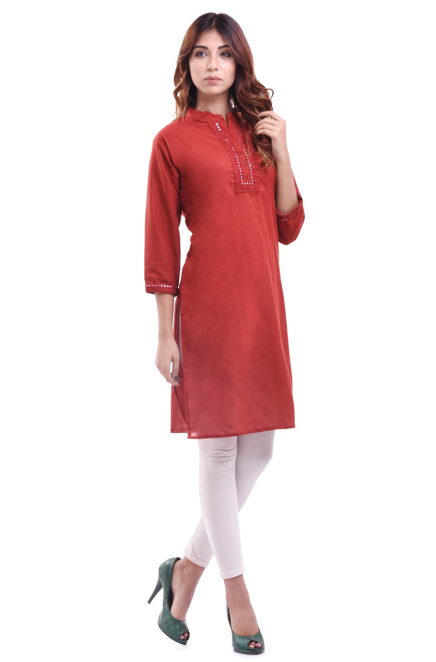 Indian Women's Plain Cotton Kurti Red Top By Chichi, XX-Large