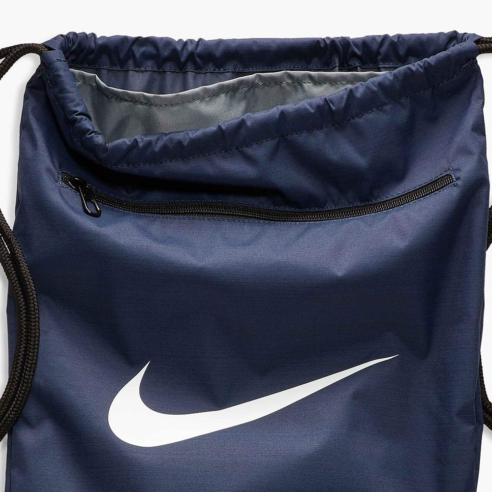 Nike Brasilia Training Gymsack, Drawstring Backpack with Zipper Pocket and Reinforced Bottom, Midnight Navy/Black/White