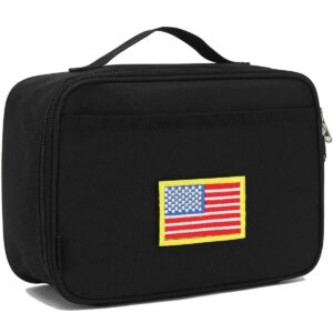 flowfly kids lunch box insulated soft bag mini cooler back to school thermal meal tote kit for girls, boys, black free usa flag patch included