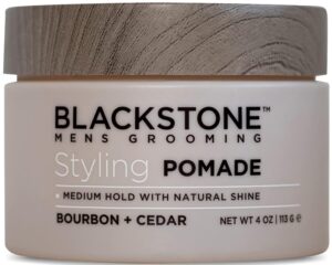 blackstone men's grooming hair styling pomade - medium hold with natural shine | paraben & cruelty | made in usa, bourbon + cedar (4 oz)