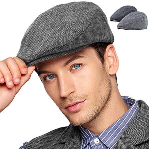 ladybro 2 pack black+grey tweed newsboy cap retro wool hat for men flat cap ivy hat cap golf hat size: 7 1/4, fits hc 21 5/8" - 22 3/4"