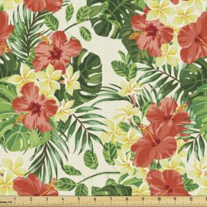 ambesonne tropical fabric material by the yard, exotic floral pattern with plumeria hibiscus monstera palms and leaves, decorative accent for diy hobby upholstery projects and home, 1 yard, red yellow